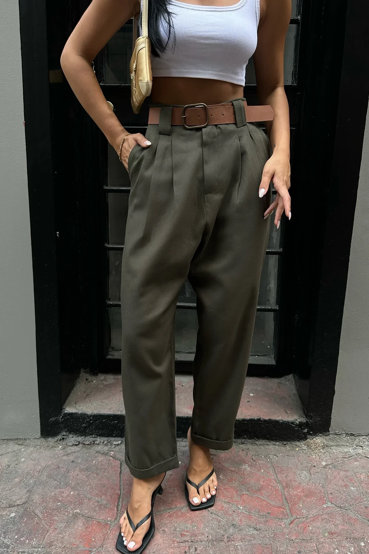 Khaki Kemer Detail Palazzo Pants