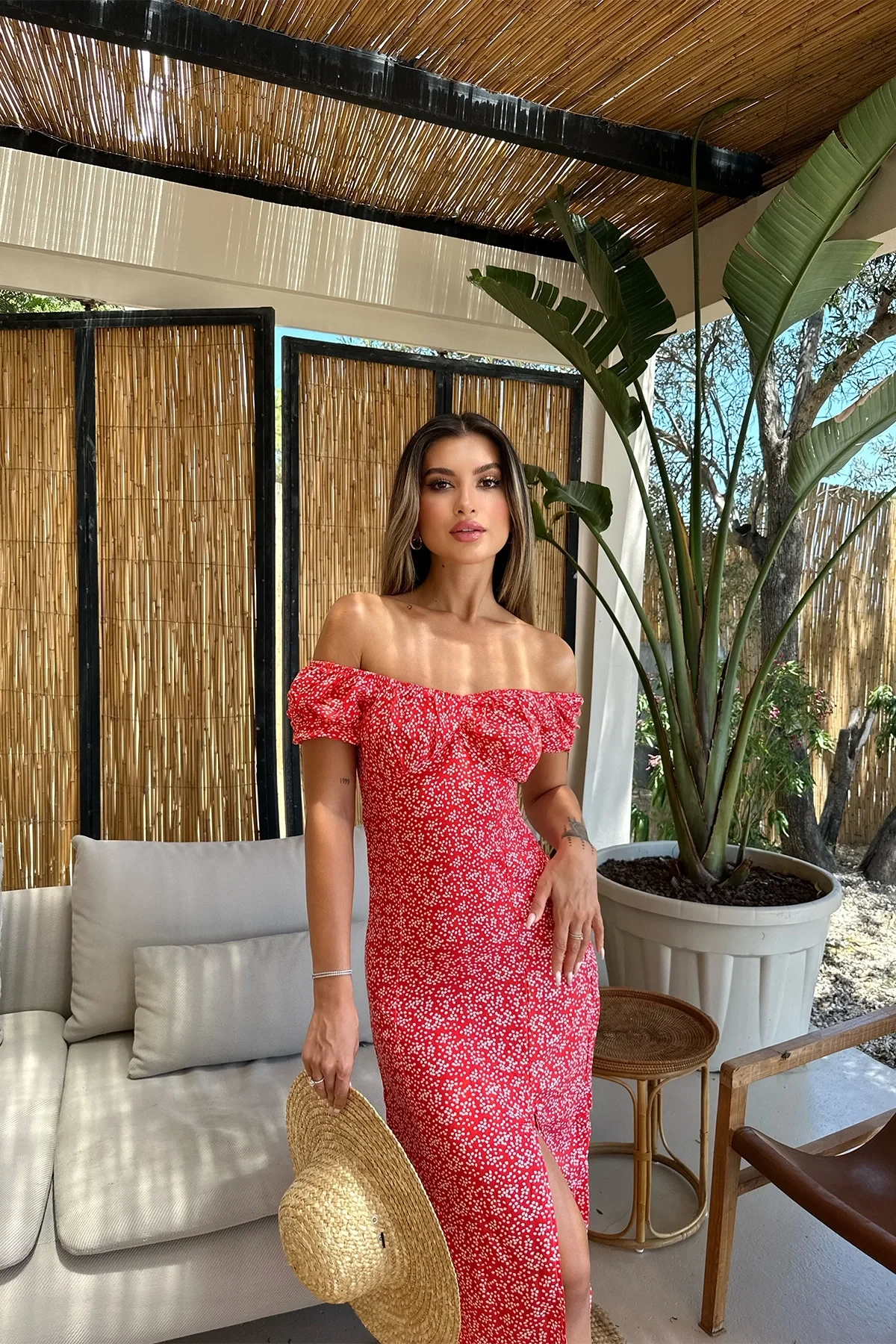 Red slit detail long dress