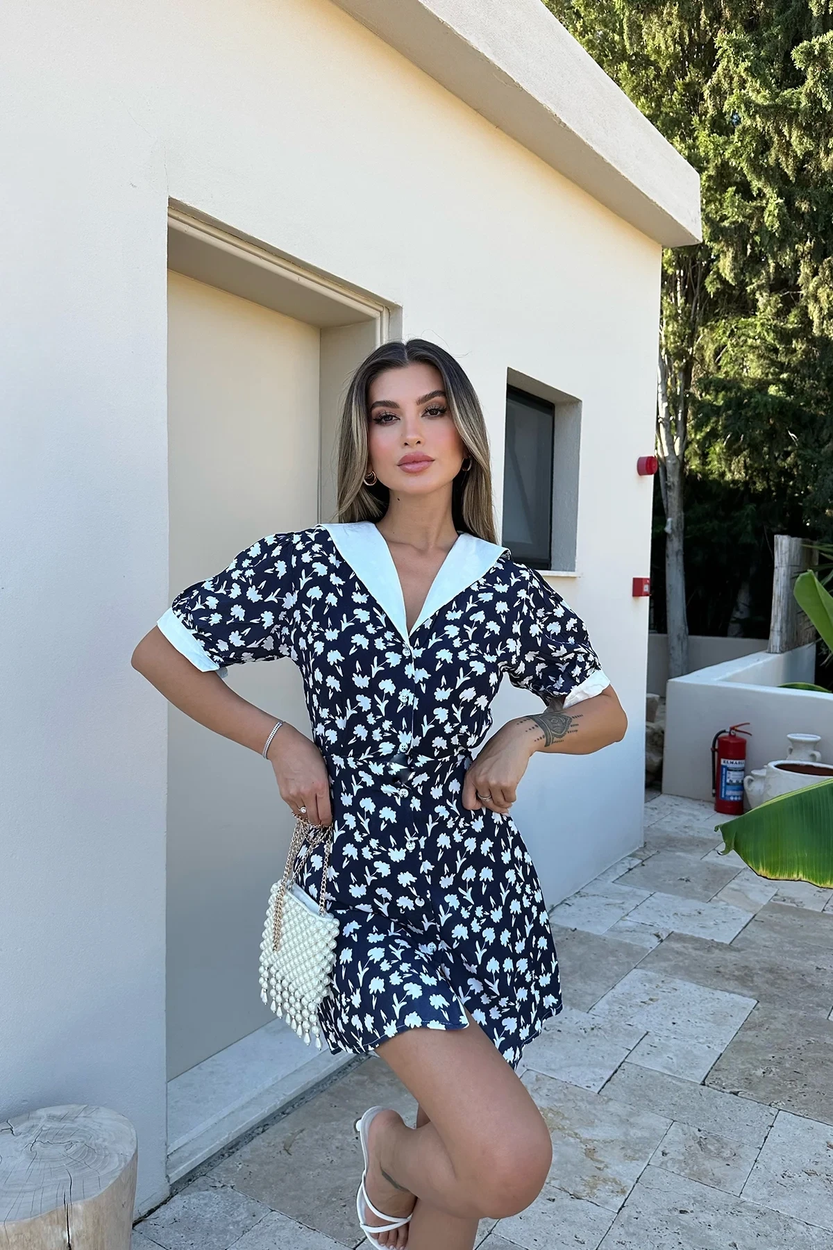 Navy blue flower pattern mini dress